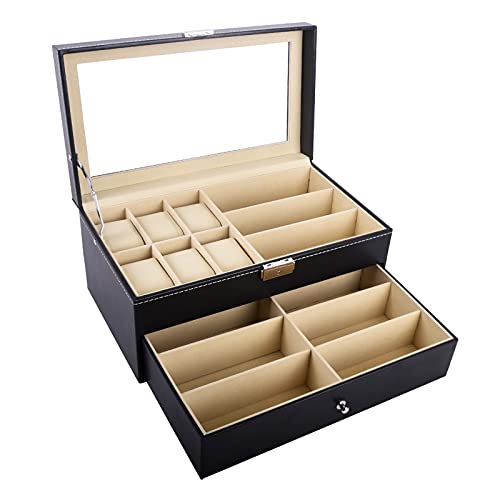 AUTOARK Leather 6 Watch Box Jewelry Case and 9 Piece Eyeglasses Storage and Sunglass Glasses Display Drawer Lockable Case Organizer,Black,AW-048