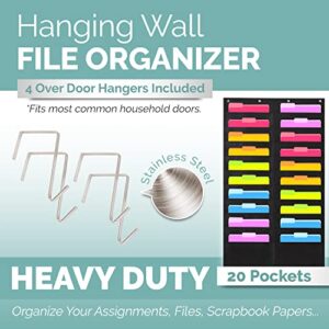 Heavy Duty Storage Pocket Chart for Classroom and Office, 20 Pockets, 4 Over Door Hangers Included, Hanging Wall File Organizer for File Folders, School Mailbox, Home/Office Papers & More (Black)