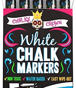 CHALKY CROWN Liquid Chalk Marker Pen - White Drawing Chalk - Chalk Markers for Chalkboard Signs, Windows, Blackboard, Glass - 6mm Reversible Tip (5 Pack) - 24 Chalkboard Labels Included