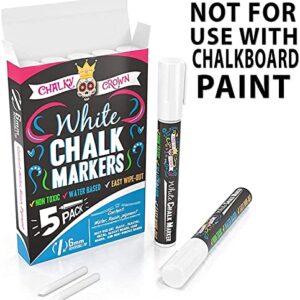 CHALKY CROWN Liquid Chalk Marker Pen - White Drawing Chalk - Chalk Markers for Chalkboard Signs, Windows, Blackboard, Glass - 6mm Reversible Tip (5 Pack) - 24 Chalkboard Labels Included