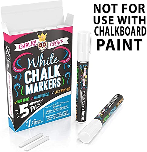 CHALKY CROWN Liquid Chalk Marker Pen - White Drawing Chalk - Chalk Markers for Chalkboard Signs, Windows, Blackboard, Glass - 6mm Reversible Tip (5 Pack) - 24 Chalkboard Labels Included