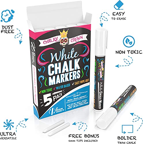 CHALKY CROWN Liquid Chalk Marker Pen - White Drawing Chalk - Chalk Markers for Chalkboard Signs, Windows, Blackboard, Glass - 6mm Reversible Tip (5 Pack) - 24 Chalkboard Labels Included