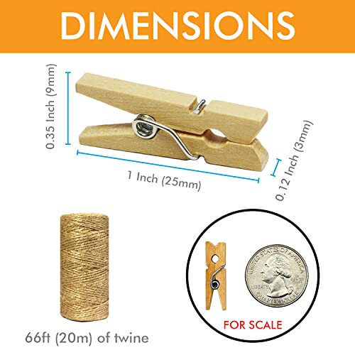 Mini Natural Wooden Clothespins with Jute Twine, 250pcs, 1 Inch Photo Paper Peg Pin Craft Clips with 66ft Natural Twine for Scrapbooking, Arts & Crafts, Hanging Photos (Natural Color)