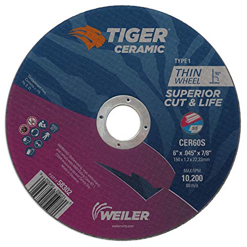 Weiler 58302 6 x .045 Tiger Ceramic Type 1 Cut Off Wheel CER60S 7/8 A.H (Pack of 25)