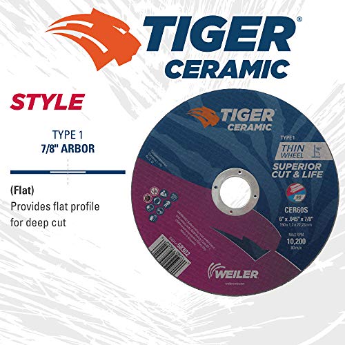 Weiler 58302 6 x .045 Tiger Ceramic Type 1 Cut Off Wheel CER60S 7/8 A.H (Pack of 25)