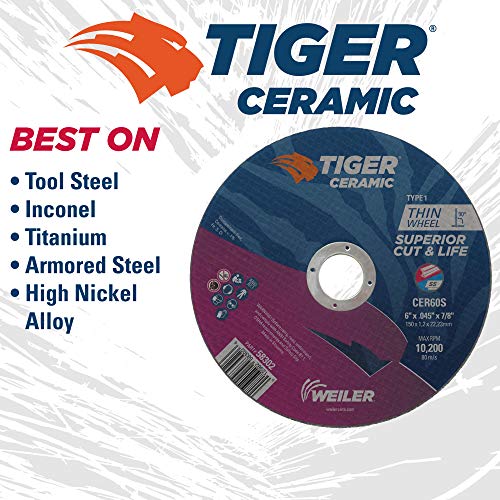 Weiler 58302 6 x .045 Tiger Ceramic Type 1 Cut Off Wheel CER60S 7/8 A.H (Pack of 25)