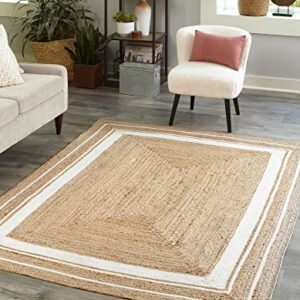 Unique Loom Braided Jute Collection Classic Quality Made Hand Woven with Coastal Design Area Rug, 6 ft x 9 ft, Natural/Ivory