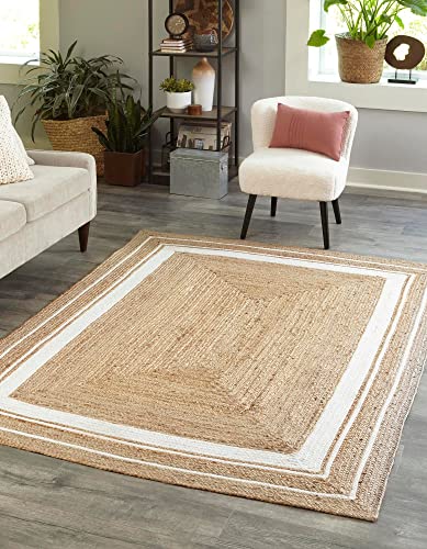 Unique Loom Braided Jute Collection Classic Quality Made Hand Woven with Coastal Design Area Rug, 6 ft x 9 ft, Natural/Ivory