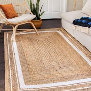 Unique Loom Braided Jute Collection Classic Quality Made Hand Woven with Coastal Design Area Rug, 6 ft x 9 ft, Natural/Ivory