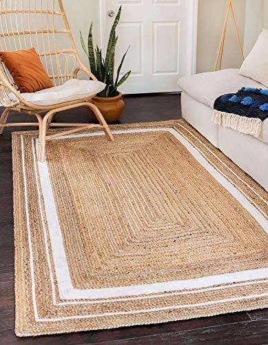 Unique Loom Braided Jute Collection Classic Quality Made Hand Woven with Coastal Design Area Rug, 6 ft x 9 ft, Natural/Ivory