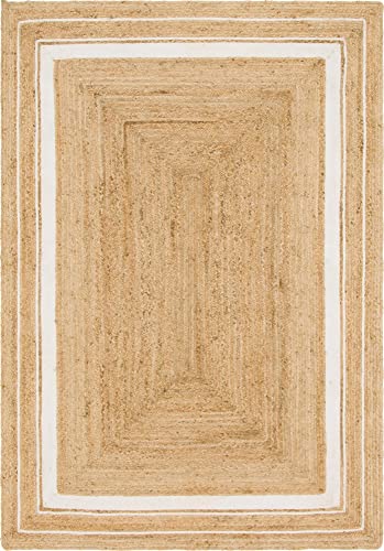 Unique Loom Braided Jute Collection Classic Quality Made Hand Woven with Coastal Design Area Rug, 6 ft x 9 ft, Natural/Ivory