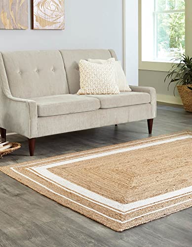 Unique Loom Braided Jute Collection Classic Quality Made Hand Woven with Coastal Design Area Rug, 6 ft x 9 ft, Natural/Ivory