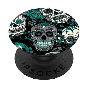 sugar skull - black & teal dia de los muertos popsockets popsockets popgrip: swappable grip for phones & tablets