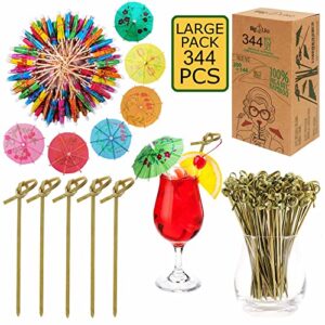 344 pcs set - 144 drink umbrellas and 200 bamboo knot picks 6" - appetizer skewers, cocktail umbrellas for drinks, toothpicks for appetizers, tiki drink umbrellas, cocktail picks