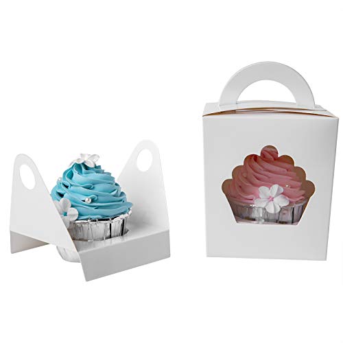 ONE MORE Individual Cupcake Containers,Large Single Cupcake Boxes Carrier with Insert & Handles and PVC Window For Birthday Party(White 15)