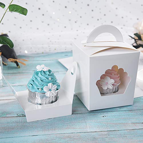 ONE MORE Individual Cupcake Containers,Large Single Cupcake Boxes Carrier with Insert & Handles and PVC Window For Birthday Party(White 15)