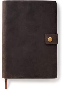 case elegance full grain premium leather refillable journal cover with a5 lined notebook, pen loop, card slots, brass snap (brown)