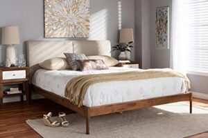 baxton studio aveneil mid-century modern beige fabric upholstered walnut finished king size platform bed