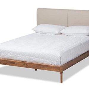 Baxton Studio Aveneil Mid-Century Modern Beige Fabric Upholstered Walnut Finished King Size Platform Bed