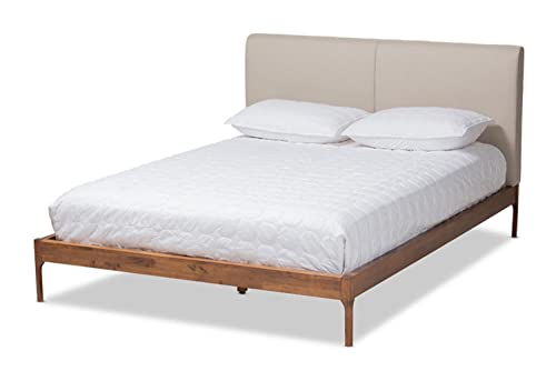 Baxton Studio Aveneil Mid-Century Modern Beige Fabric Upholstered Walnut Finished King Size Platform Bed