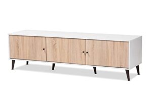 baxton studio bastien mid-century modern white and light oak 6-shelf tv stand