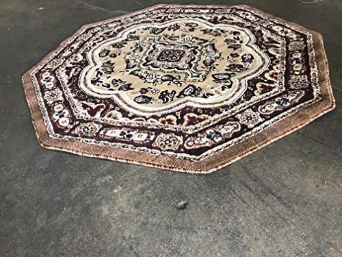 Traditional Octagon Persian Rug Beige Brown Burgundy & Black Design 520 (4 Feet X 4 Feet)