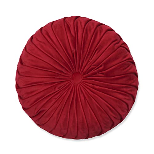 Pillow Perfect Round Pleated Velvet Buttoned Decorative Pillow, 1 Count (Pack of 1), Red