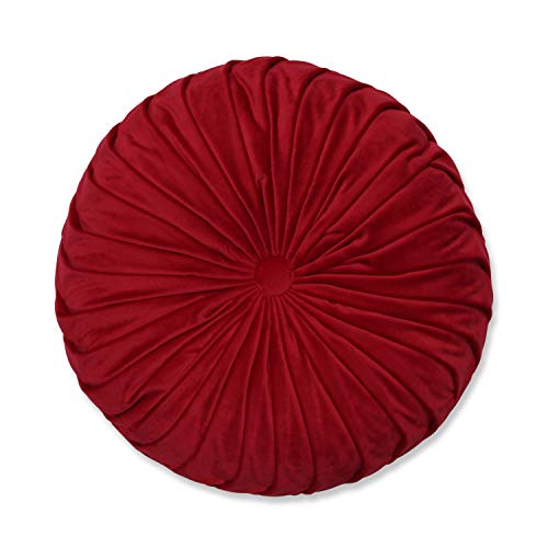 Pillow Perfect Round Pleated Velvet Buttoned Decorative Pillow, 1 Count (Pack of 1), Red