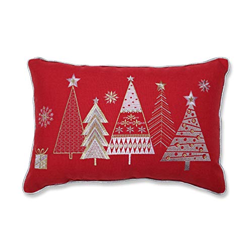 Pillow Perfect - 629858 Christmas Star Topped Trees Embroidered Welt Cord Lumbar Decorative Pillow, 12" x 18", Red, Gold, Silver, White