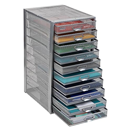 Mind Reader Network Collection, 10-Drawer File Storage, Desk Organizer, Label Frame on Each Drawer, Metal Mesh, Multi-Purpose, Silver