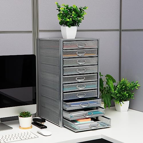 Mind Reader Network Collection, 10-Drawer File Storage, Desk Organizer, Label Frame on Each Drawer, Metal Mesh, Multi-Purpose, Silver