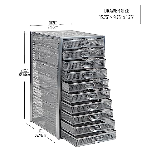 Mind Reader Network Collection, 10-Drawer File Storage, Desk Organizer, Label Frame on Each Drawer, Metal Mesh, Multi-Purpose, Silver