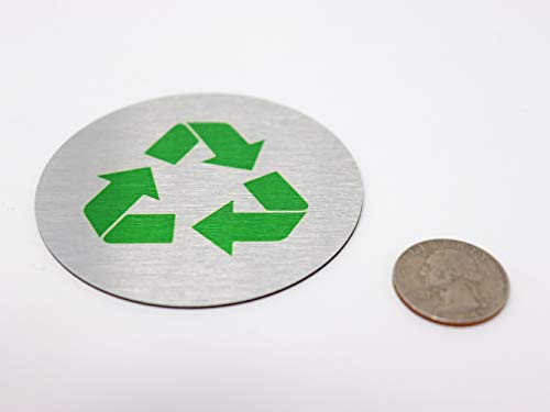 Metal Recycle Signs | Recycle Bin Marker | Metal Sign for Recycling Basket | 3" Round, Brushed Silver Aluminum with Green Recycle Symbol | Made in the USA