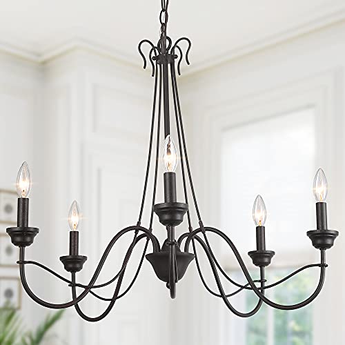 LOG BARN Black Chandelier for Dining Room, Farmhouse Chandelier in Brown Rust Metal Finish, 5-Light, 28" Dia