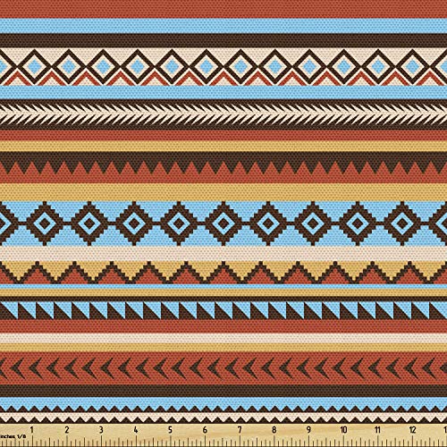 Lunarable Tribal Fabric by The Yard, Pattern Chevrons Arrow Heads Rectangles Motifs Design, Decorative Fabric for Upholstery and Home Accents, 1 Yard, Blue Orange