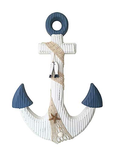 Rainbow Handcrafts Nautical Rustic Wooden Anchor with Rope Crosses Wall Art Decor,Boat Wheel,Hanging Wood Crossbar Anchor Decorative Home Bathroom Office Beach Theme Decoration 18''H （White）