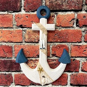 Rainbow Handcrafts Nautical Rustic Wooden Anchor with Rope Crosses Wall Art Decor,Boat Wheel,Hanging Wood Crossbar Anchor Decorative Home Bathroom Office Beach Theme Decoration 18''H （White）