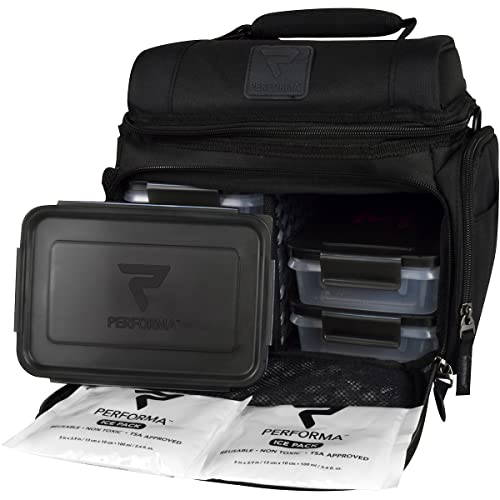 PERFORMA Meal Prep Matrix 6 Meal Cooler Bag - Organized and Insulated 6 Lunch Prep Bag with Two Ice Packs and Shoulder Strap To Accommodate Your Daily Meal Prepping (Black)