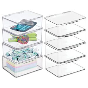 mdesign small plastic home office storage organizer box containers w/hinged lid for desktops - holds pens, pencils, sticky notes, highlighters, staples, supplies - lumiere collection, 8 pack - clear