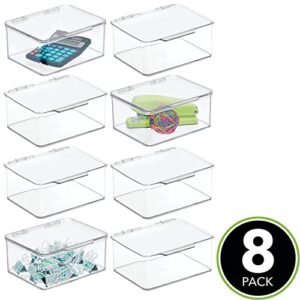 mDesign Small Plastic Home Office Storage Organizer Box Containers w/Hinged Lid for Desktops - Holds Pens, Pencils, Sticky Notes, Highlighters, Staples, Supplies - Lumiere Collection, 8 Pack - Clear