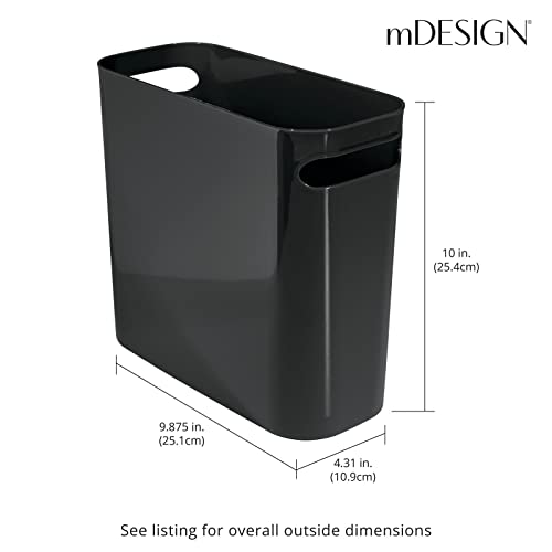 mDesign Plastic Small Trash Can, 1.5 Gallon/5.7-Liter Wastebasket, Narrow Garbage Bin with Handles for Bathroom, Laundry, Home Office - Holds Waste, Recycling, 10" High, Aura Collection, 6 Pack, Black