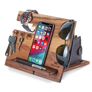 teslyar natural walnut wood phone docking station hooks key holder wallet stand watch organizer men husband anniversary birthday nightstand purse father graduation male idea gadgets solid