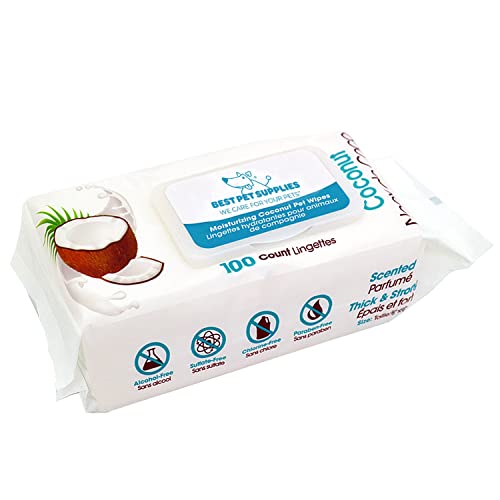 Best Pet Supplies 8" x 9" Pet Grooming Wipes for Dogs & Cats, 100 Pack, Plant-Based Deodorizer for Coats & Dry, Itchy, or Sensitive Skin, Clean Ears, Paws, & Butt - Moisturizing Coconut