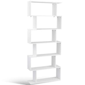 Tangkula 6 Shelf Bookcase, Modern S-Shaped Z-Shelf Style Bookshelf, Multifunctional Wooden Storage Display Stand Shelf for Living Room, Home Office, Bedroom, Bookcase Storage Shelf (1, White)