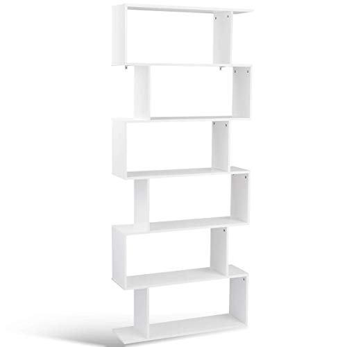 Tangkula 6 Shelf Bookcase, Modern S-Shaped Z-Shelf Style Bookshelf, Multifunctional Wooden Storage Display Stand Shelf for Living Room, Home Office, Bedroom, Bookcase Storage Shelf (1, White)