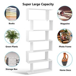 Tangkula 6 Shelf Bookcase, Modern S-Shaped Z-Shelf Style Bookshelf, Multifunctional Wooden Storage Display Stand Shelf for Living Room, Home Office, Bedroom, Bookcase Storage Shelf (1, White)