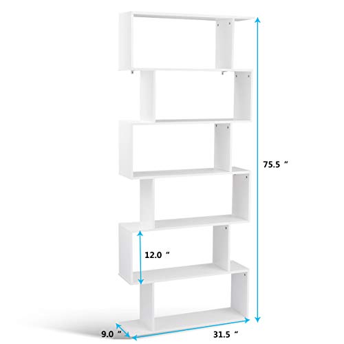 Tangkula 6 Shelf Bookcase, Modern S-Shaped Z-Shelf Style Bookshelf, Multifunctional Wooden Storage Display Stand Shelf for Living Room, Home Office, Bedroom, Bookcase Storage Shelf (1, White)