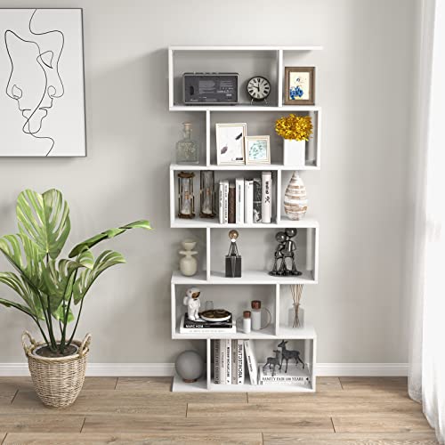 Tangkula 6 Shelf Bookcase, Modern S-Shaped Z-Shelf Style Bookshelf, Multifunctional Wooden Storage Display Stand Shelf for Living Room, Home Office, Bedroom, Bookcase Storage Shelf (1, White)