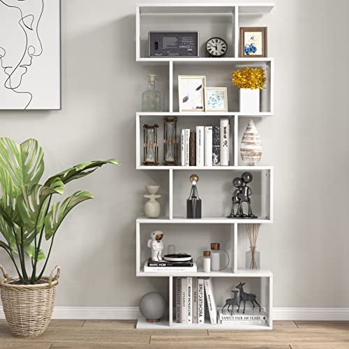 Tangkula 6 Shelf Bookcase, Modern S-Shaped Z-Shelf Style Bookshelf, Multifunctional Wooden Storage Display Stand Shelf for Living Room, Home Office, Bedroom, Bookcase Storage Shelf (1, White)