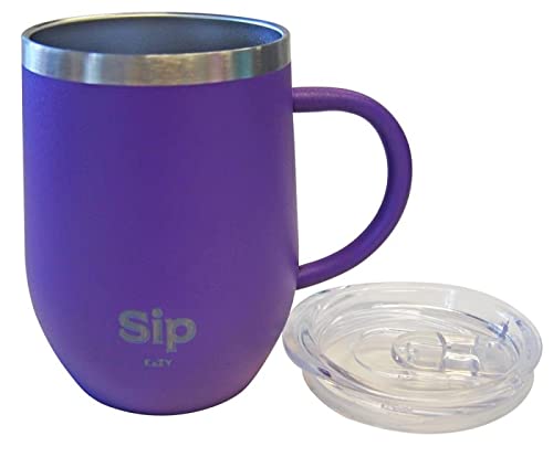 PURPLE Double Walled 18/8 StainlessSteel Insulated Cup, Handle & Lid 12oz- Keeps your Drinks Hot up to 6 hours Cold up to 24hour - Coffee, Tea, Beer, Water, Wine - Arrives Boxed for easy Gifting!